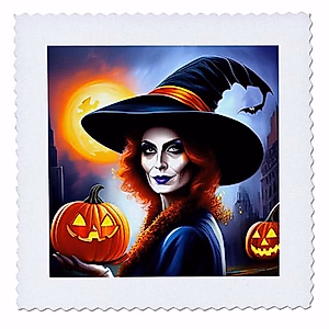 Dazzling Witch Woman with Jack-o-Lantern - Quilt Squares for Halloween