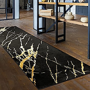 Antep Rugs Babil Gold 2x7 Marble Abstract Modern Indoor Runner Rug (Black, 2' x 7')