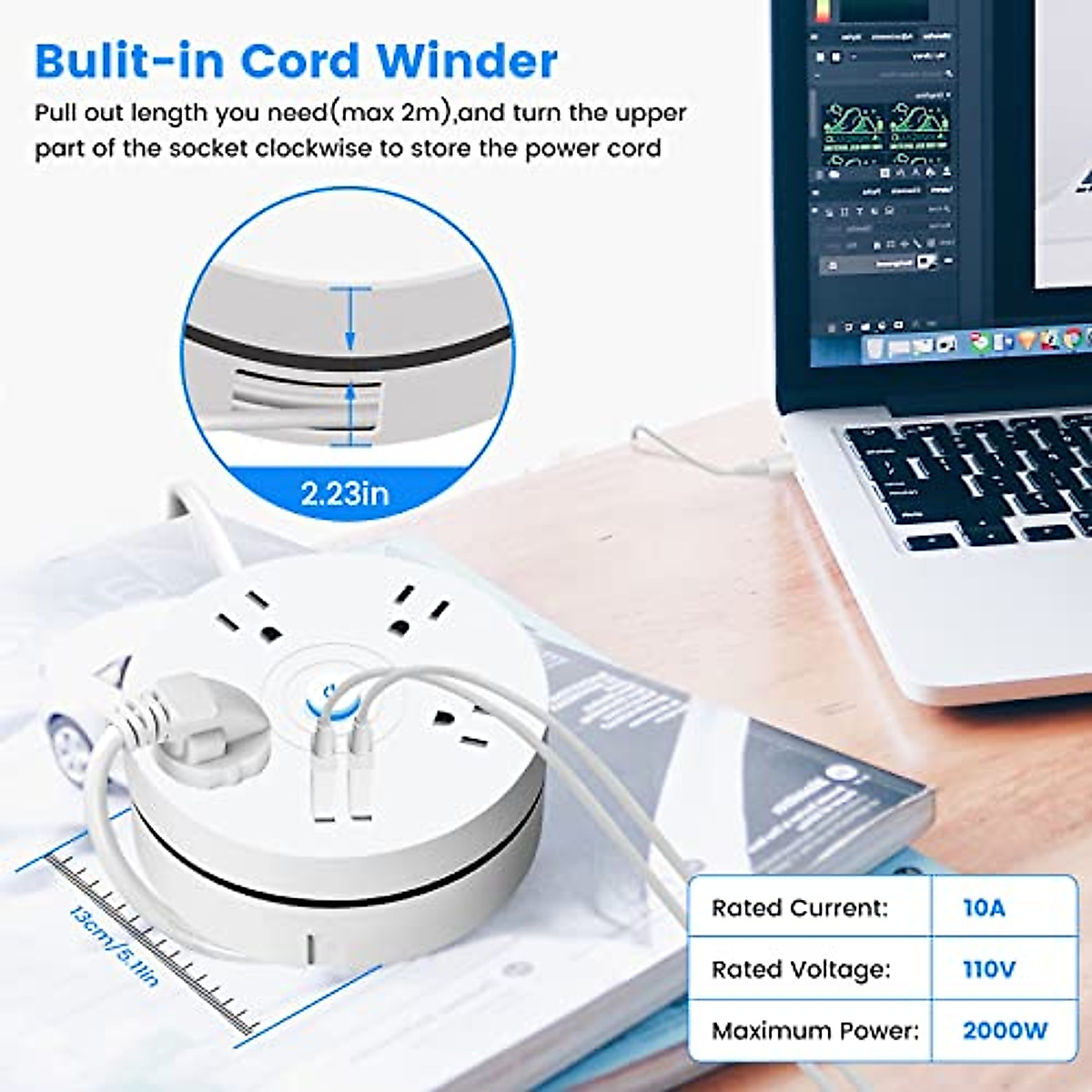 Retractable Power Strip, 6ft Extension Cord Retractable Power Strip Surge Protector with 4 Outlets 2 Smart USB Ports and Hook, Portable & Neat for Travel/Home/Office (White)