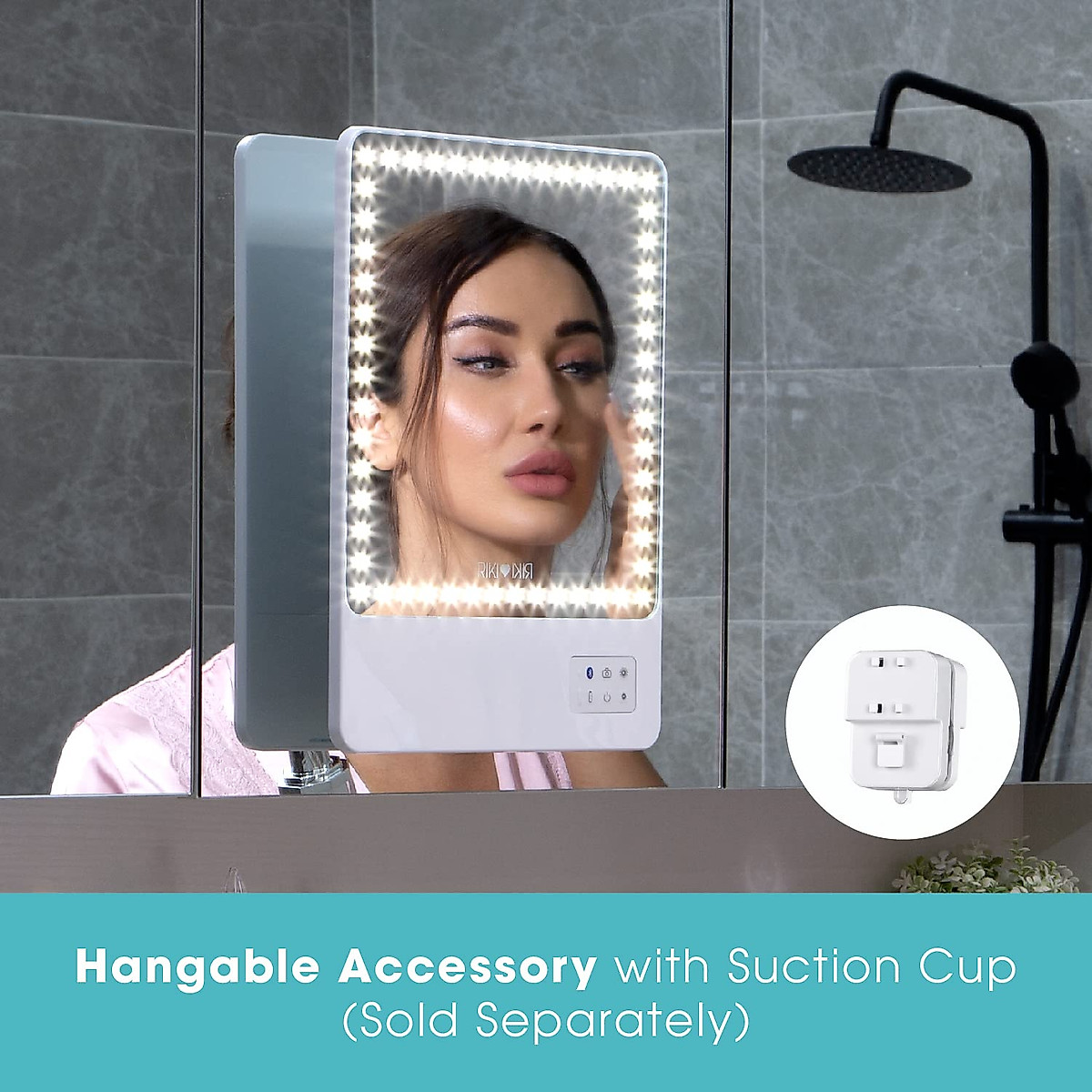 Glamcor Riki Skinny Smart Vanity Mirror with HD LEDs, Magnifying Mirror Attachment, Phone Holder and Bluetooth Control (White, 5X Magnification)