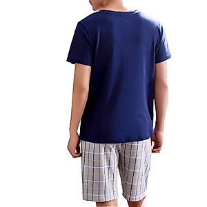 Leisure Home Big Boys Pajamas,Long Plaid Strips Cotton Shorts Tee Shirt Sleepwear Teens 8-18 Years (10-12 Years, BuleGrey), BoyPJS009