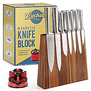 Lyched Vertical Magnetic Knife Block – Double Sided Magnetic Wood Knife Holder – Magnetic Knife Stand and Knife Storage – Large Cleaver Holder with Bonus Knife Sharpener