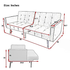 Antetek 76-inch Velvet Futon Sofa Bed Convertible Sleeper Sofa Couch, Upgrade Button Tufted Oversized Loveseat Sofa with 3 Adjustable Positions and 6 Metal Legs for Living Room Bedroom Office, Pink