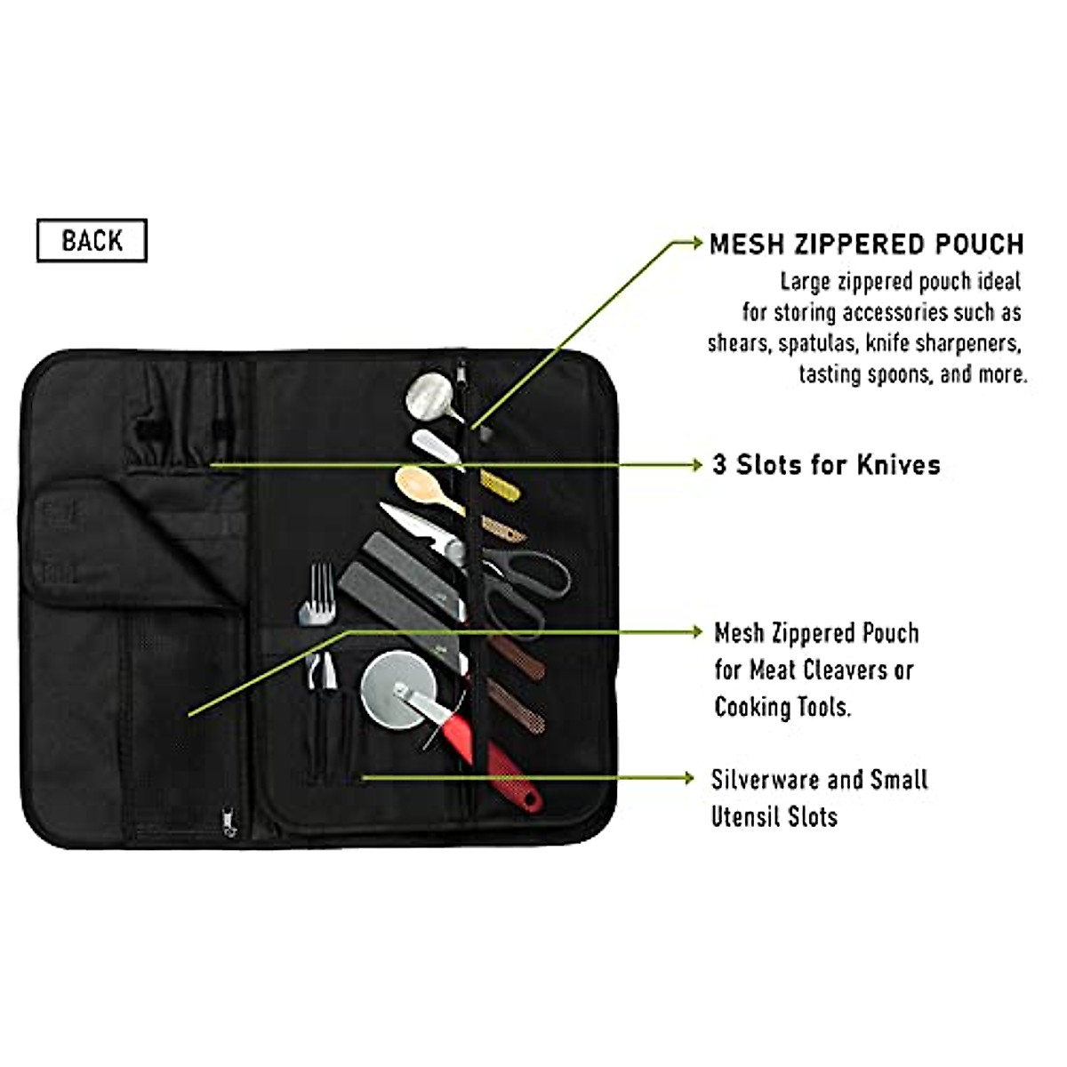 EVERPRIDE Chef Knife Roll Bag Holds 10 Knives – Contains 2 Large Zippered Pockets for Meat Cleavers and Cooking Tools – Durable Knife Case for Chefs and Culinary Students – Knives Not Included