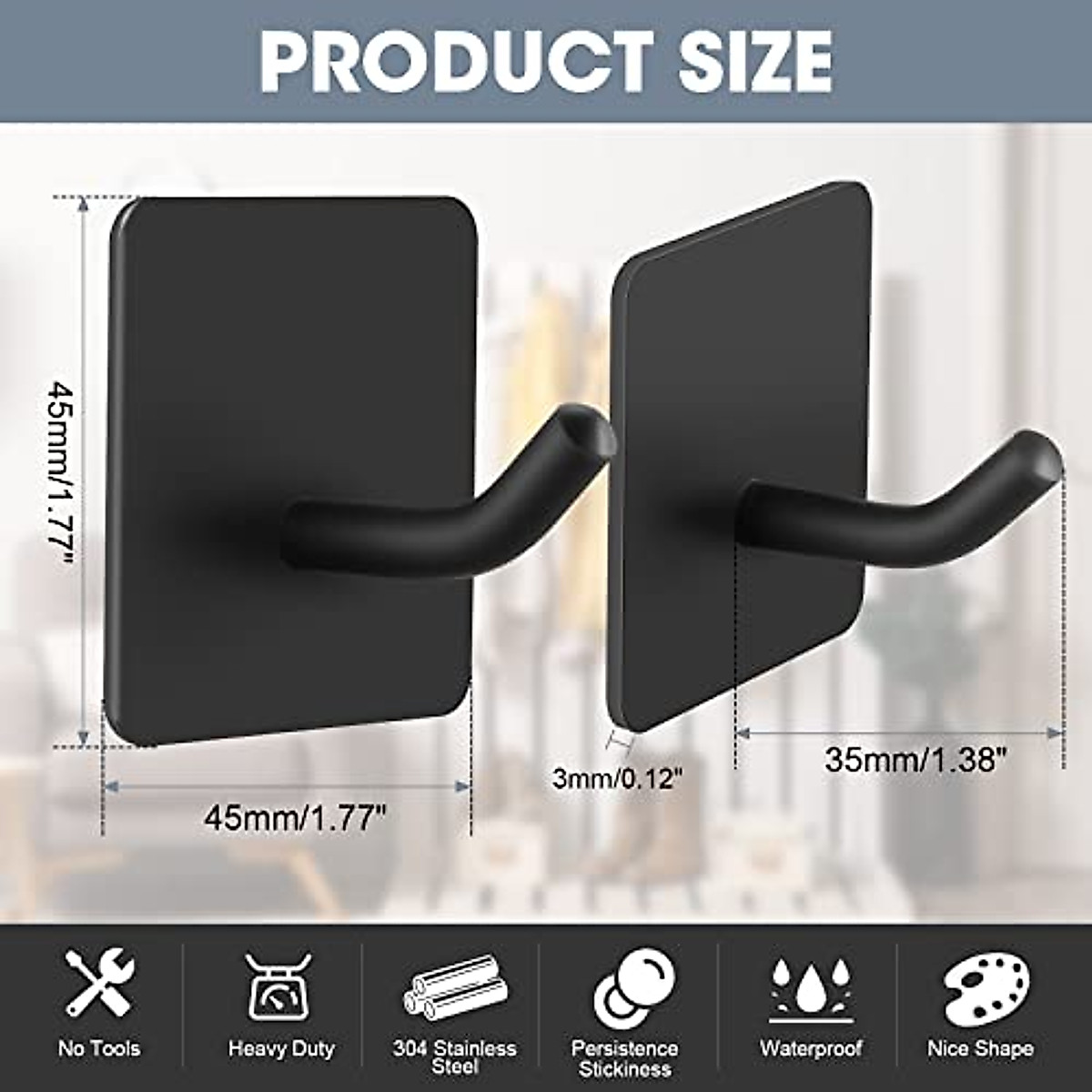 24 Pcs Self Adhesive Towel Hooks Bulk Stick on Wall Hooks Waterproof Stainless Steel Kitchen Towel Holder Heavy Duty Sticky Hangers for Hanging Bathroom Home Door Coat Robe Clothes Key (Black Color)