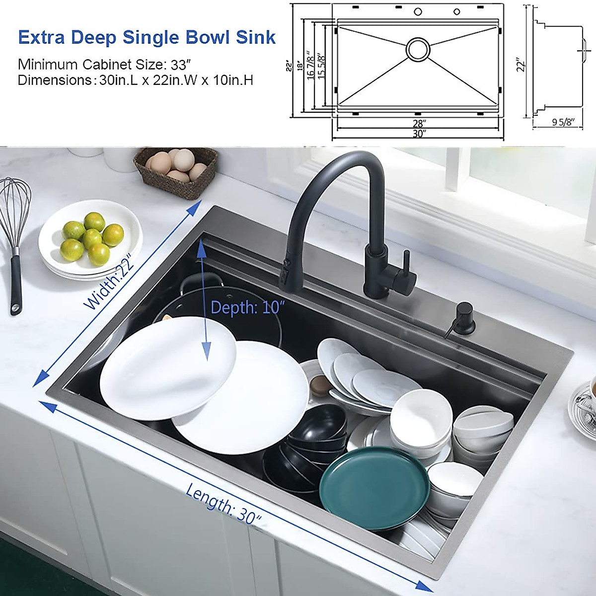 30 Black Drop in Kitchen Sink Workstation- Hovheir 30x22 Topmount Drop In Kitchen Sink Matte Black Stainless Steel Sink Handmade Sink Double Ledges Workstation Sink 16 Gauge Single Basin Kitchen Sink