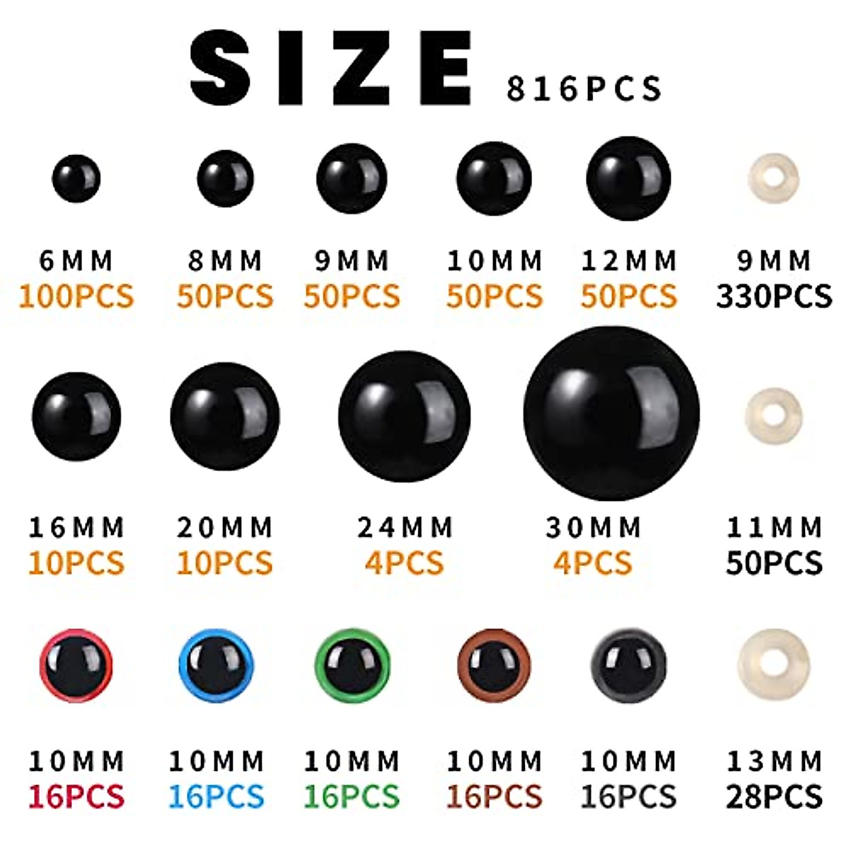 816 Pcs Safety Eyes for Crochet 6-30mm Plastic Colorful Safety Eyes for Amigurumi with Washers Black Stuffed Animal Eyes for Craft Teddy Bear