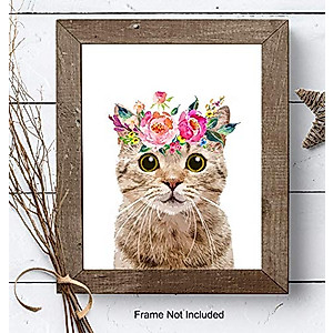 Tabby Cat Wall Decor - Cute Floral Wall Art, Room Decoration for Girls Bedroom, Kids Room, Living Room, Nursery - Gift for Kitty, Pussycat, Kitten, Cat Lovers, Women - Adorable Pink Girly Print