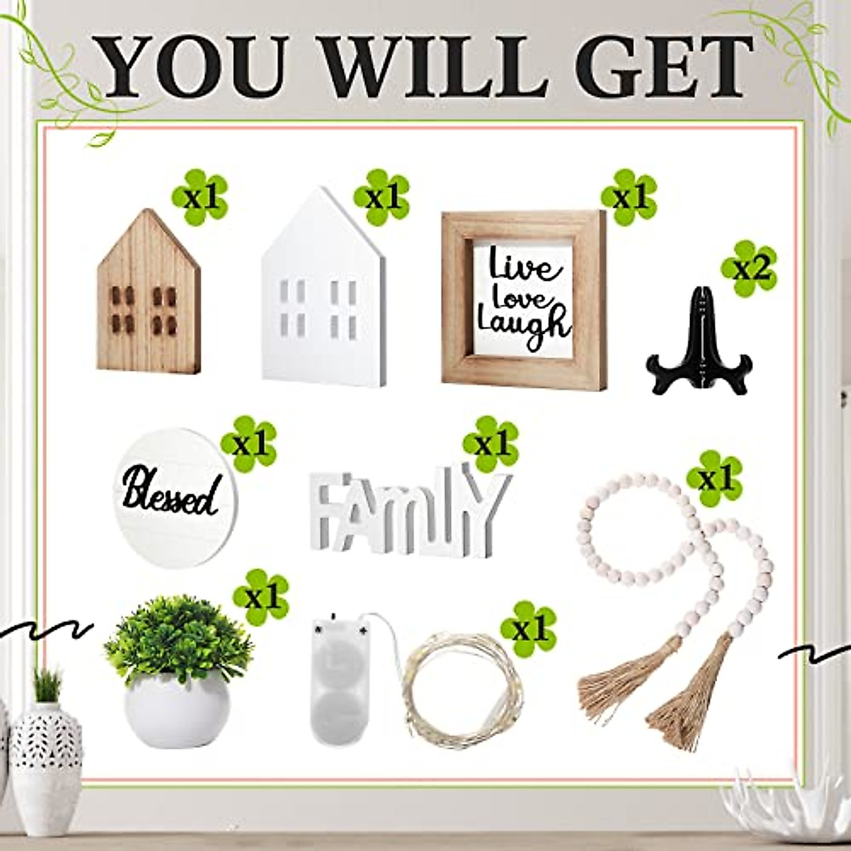 Yalikop 9 Pieces Farmhouse Decor for Tiered Tray, Rustic Wooden Mini Sign Farmhouse Table Centerpieces with Artificial Plant, String Light, Plastic Stand for Kitchen Table Decor, Housewarming Gift