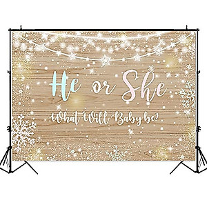 Avezano Winter Gender Reveal Backdrop, 7x5ft Vinyl Rustic Wood Snowflake Gender Reveal Party Decorations Twinkle Lights Gender Reveal Banner Photography Background