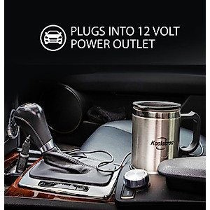 Koolatron 12V USB Insulated Travel Mug with Heater, 500 mL (17 oz), Silver and Black Stainless Steel for Car, SUV, Truck, Office, Home, Dorm
