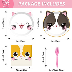 96 Pieces Cat Party Supplies Cute Kitten Theme Party Tableware Set Party Decorations Kitty Disposable Dinnerware Plates Napkins Forks for Cat Theme Birthday Baby Shower Party Favors 24 Guests