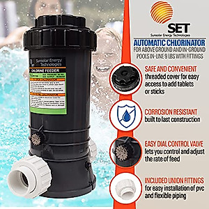 SUNSOLAR Automatic Chlorinator for Above Ground Pools and In-Ground Pools- Free Standing in-Line - Dispenser Holds 9lbs Comes with Fittings