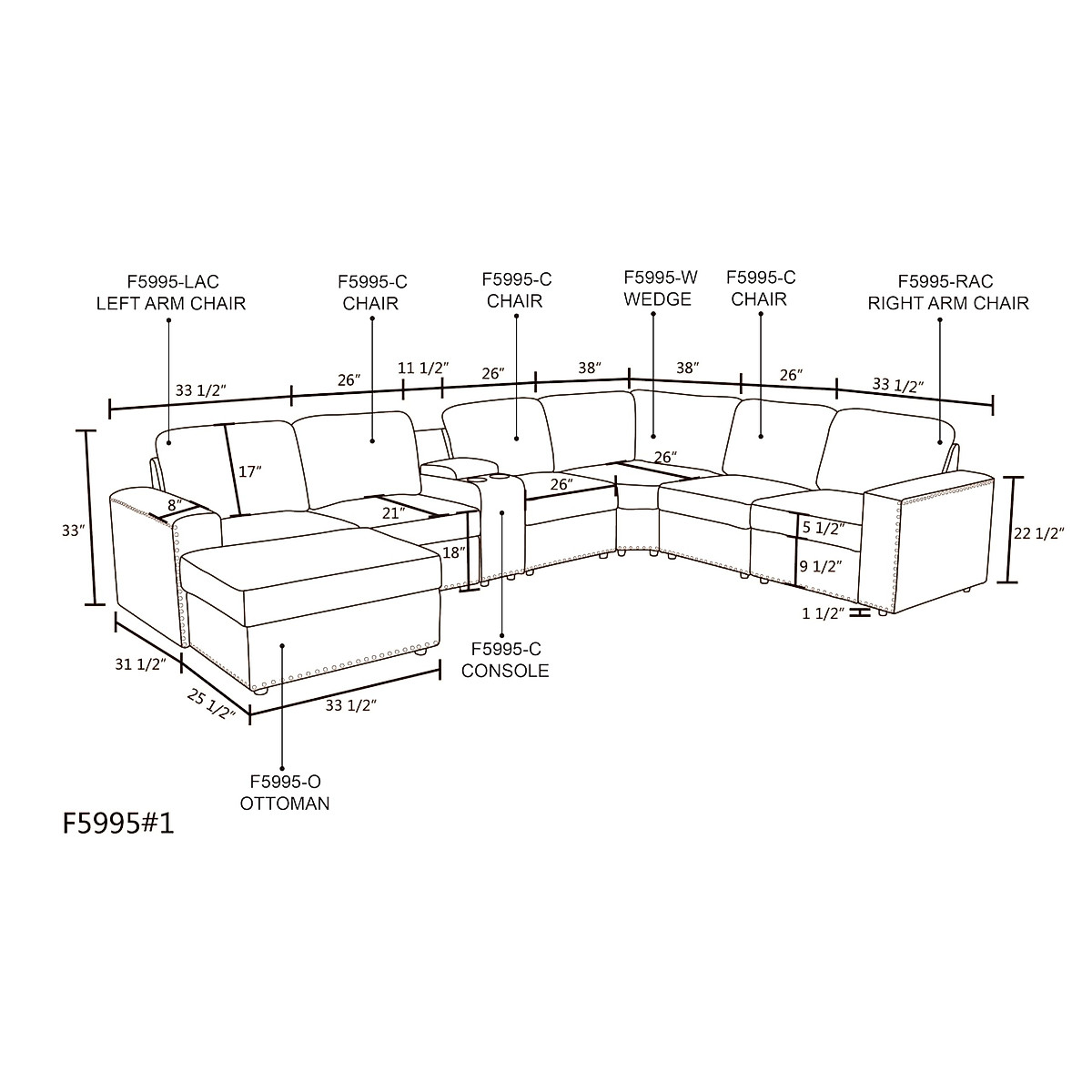 GlasFlength Sectional Sofa Couches for Living Room with Ottoman, Nail-Head Design Linen Right Facing U-Shaped Modern Couches with Cup Holder for Bedroom, Office