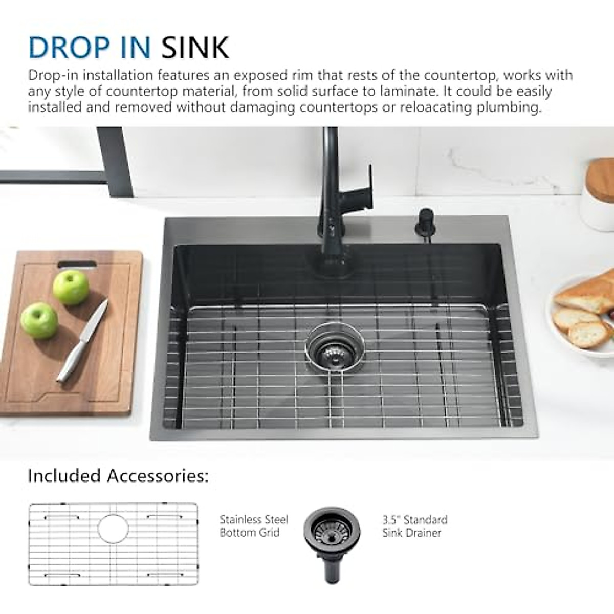 28 Inch Drop In Black Stainless Steel Kitchen Sink, Doirteal 28 x 22 x 10 Inch Matte Black Kitchen Sink 16 Gauge Stainless Steel Topmount Single Bowl Sink Single Basin with Bottom Grid