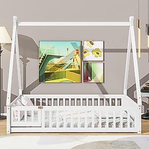 Luxo Abode Full Size Montessori Floor Bed with Tent-Shaped and Guardrails Fence, Pine Wood Bed Frame w/Slats & Door, Easy Assembly, for Toddlers, Children's Room, Playroom, White