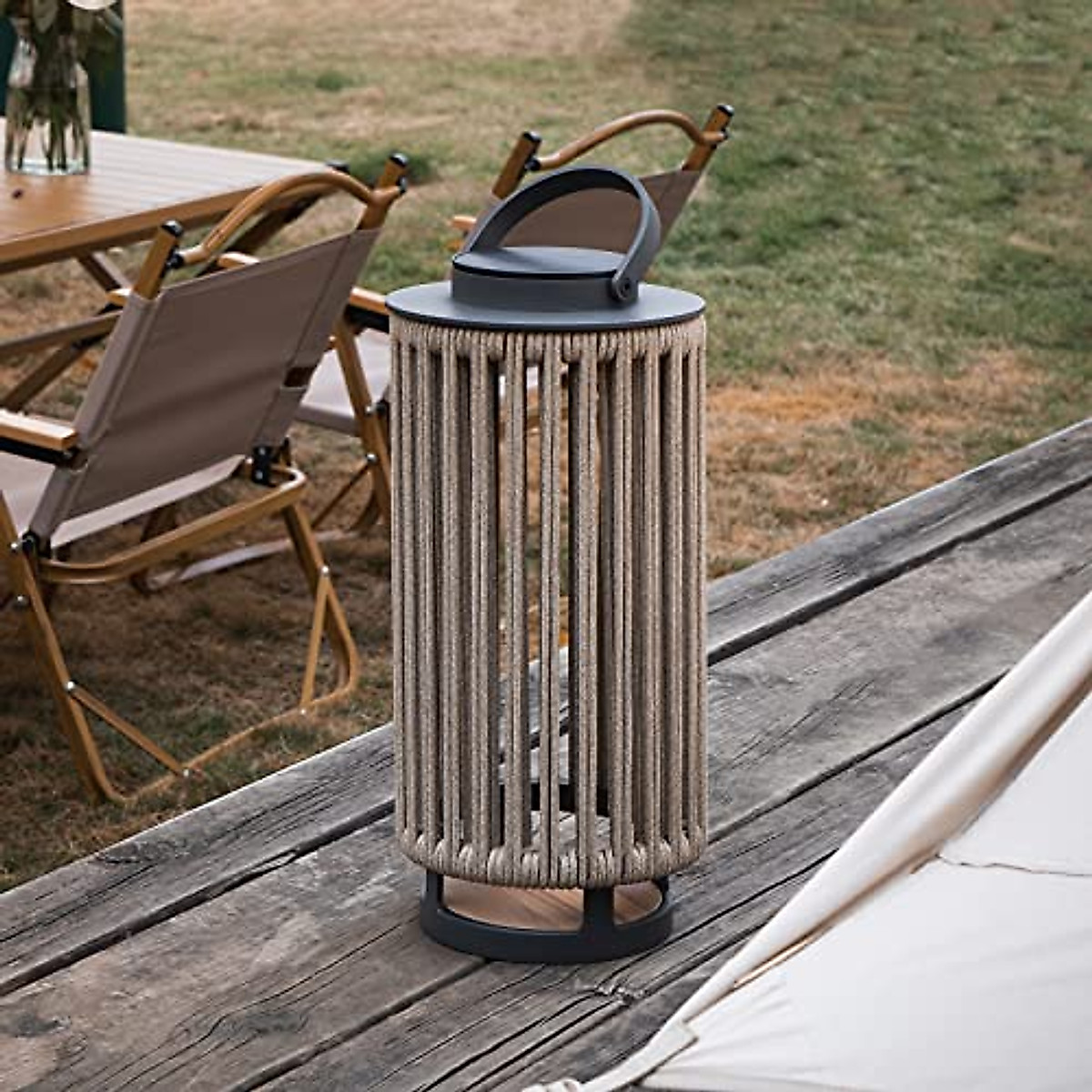 LebenLiebe Outdoor Solar Lights Patio Decorative Lanterns Aluminum Braided Rope Lantern with Handle for Yard, Lawn, Garden,Yellow,21 Inches