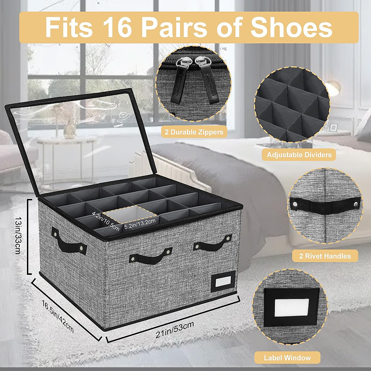 ouruer Shoe Storage Organizer for Closet,Stackable Shoe Storage Boxes for Entryway,Foldable Shoes Rack Organizer,Clear Large Shoe Bin Fits up to 16 Pairs of Low-Top Shoes or 8 Paris of High-Top Shoes