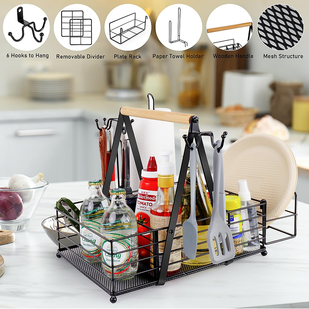 E EASTSTORM Grill Caddy Metal BBQ Caddy with Paper Towel Holder Utensil Caddy Picnic Condiment Caddy Large BBQ Grill Tool Holder Organizer Storage Adjustable Compartment Storage