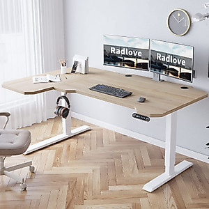 Radlove 59-Inch Large Electric Height Adjustable Computer L-Shaped Desk with Memory Controller Corner Standing Desk Modern Workstation with Splice Board Ergonomic Desk (White Frame + Oak Top)