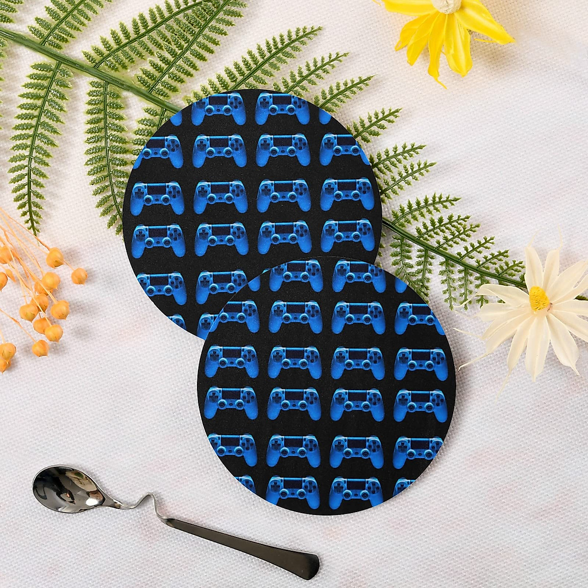 Video Game Joystick Gamepad in Blue Neon Lights Isolated on Black 4 Pcs Tea Wooden Round Coaster Set, Non-Slip Lightweight Wooden Coaster for Party Home Office Kitchen Bar Coffee Table