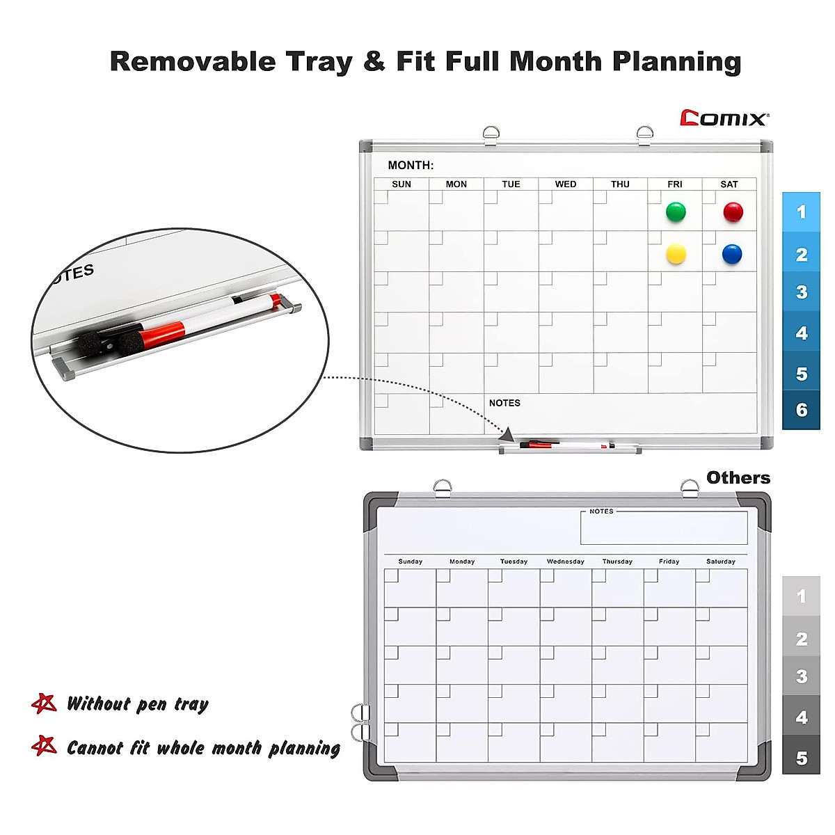 Comix Magnetic Dry Erase Calendar Whiteboard, 24 x 18 Inches Monthly Calendar Dry Erase Board for Wall, Aluminum Frame Planner White Board with Markers, Eraser, Magnets