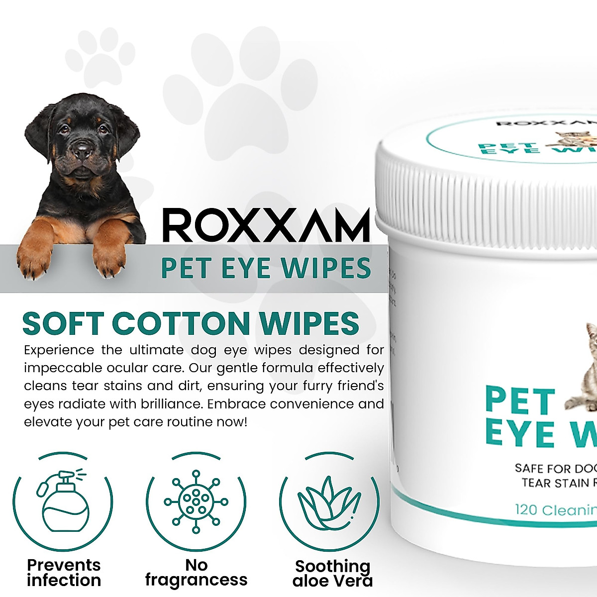 ROXXAM Pet Eye Wipes | Soft & Gentle Tear Stain Remover for Dogs Wipes | Convenient & Easy to Use | Dog Eye Wipes Tear Stain Remover Prevents Tear Stain | Safe & Natural Dog Eye Wipes for Crust