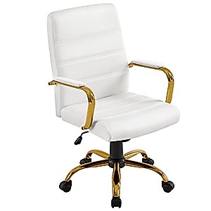 Yaheetech Mid-Back Office Chair PU Leather Desk Chair Adjustable Executive Task Chair w/Lumber Support Gold Leg White Seat
