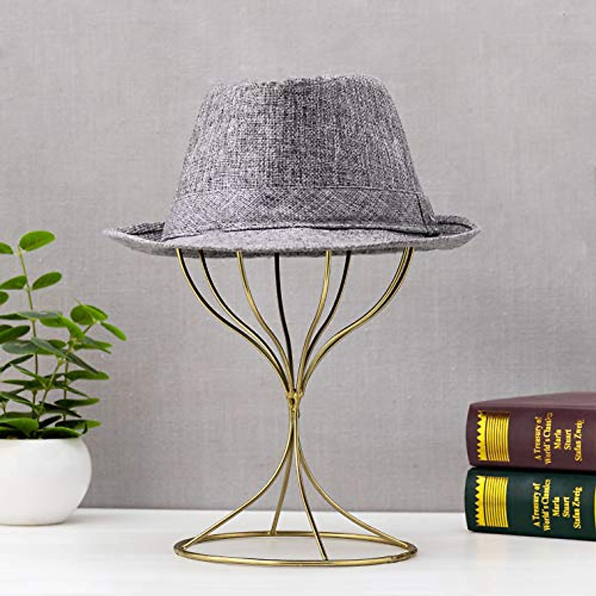 MyGift Modern Brass Electroplated Metal Hat Holder Stand, Decorative Tabletop Wig and Hat Display Stand, Set of 2 - Handcrafted in India