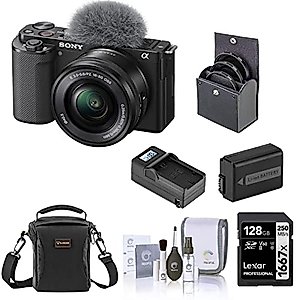 Sony ZV-E10 Mirrorless Camera with 16-50mm Lens, Black Bundle with 128GB SD Memory Card, Shoulder Bag, NP-FW50 Battery, Compact Smart Charger, 40.5mm Filter Kit, Cleaning Kit
