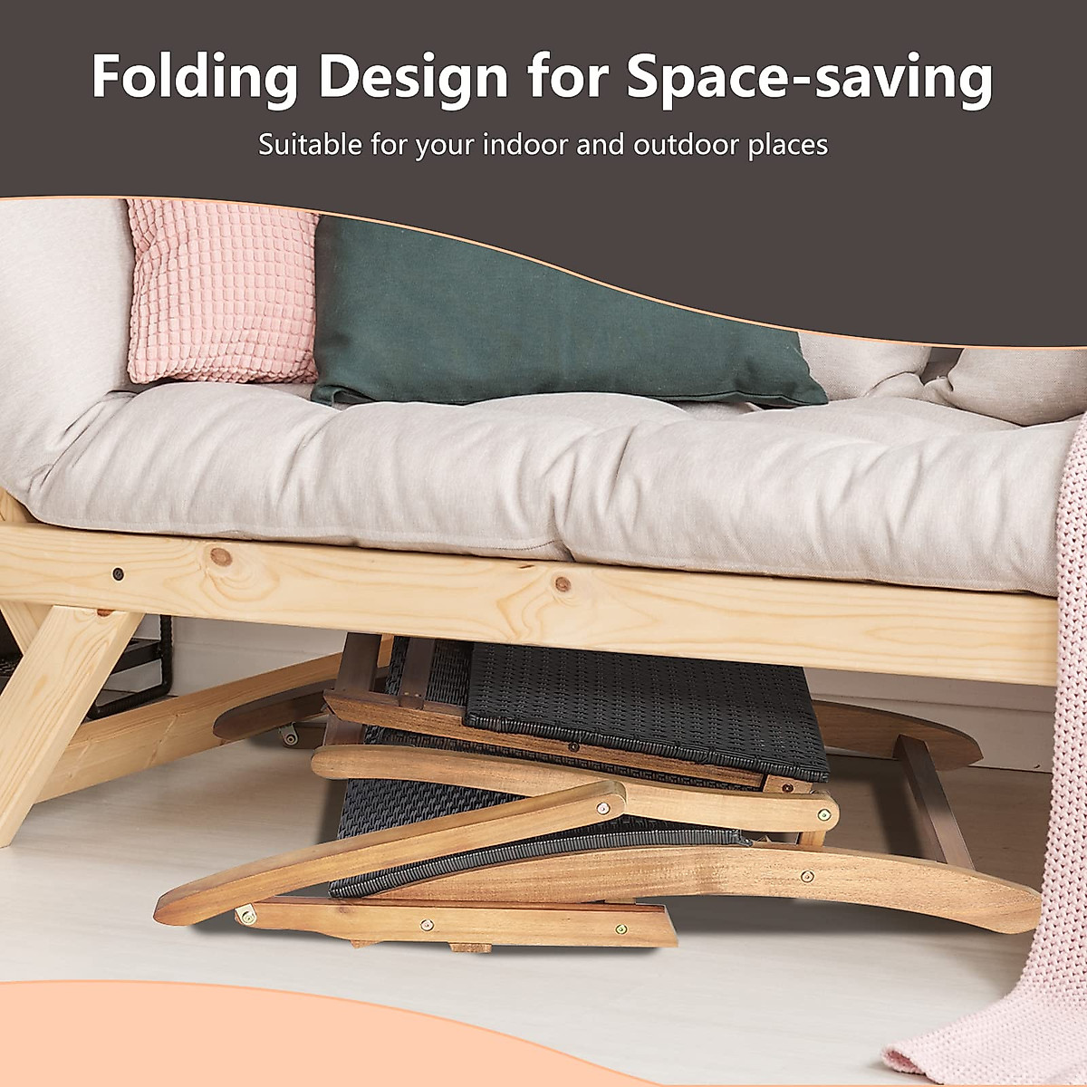 HAPPYGRILL Lounge Chair Table Set Outdoor Acacia Wood Lounge Chair with Wicker Side Table Folding Chaise Lounge with Retractable Ottoman for Garden Balcony Poolside