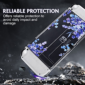 DLseego Floral Flower Case for Nintendo Switch OLED with Cute Purple Lavender Pattern for Women Girls, Anti-Scratch Dockable Clear Hard Shell Soft Shock-Absorption TPU Joy Con Cover