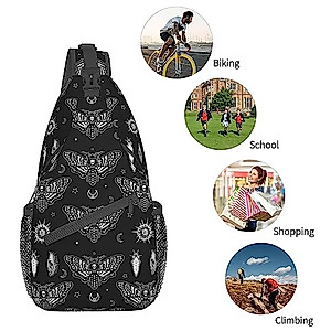 RIMENCH gothic moth skull sun moon black and white Crossbody Sling Backpack Sling Bag Travel Hiking Chest Bag Daypack