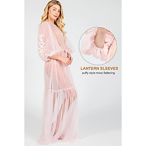 HHQ Women's Lace Long Robe Tulle Bridal Nightgown Sexy Sheer Boudoir Nightwear Long Sleeve Ladies Lingerie Maxi Dress(Pink,L)