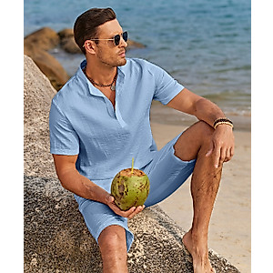 COOFANDY Men's 2 Pieces Linen Set Casual Henley Shirts Short Sleeve Beach Yoga Shorts Summer Pants Outfits