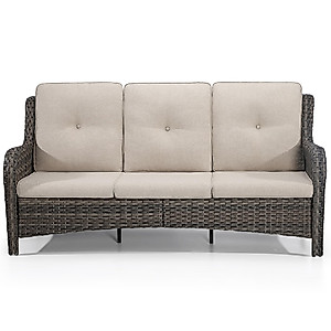 Gardenbee Outdoor Couch Wicker Patio Sofa - 3-Seat Patio Sofa with Deep Seating and Comfortable Cushions, Beige