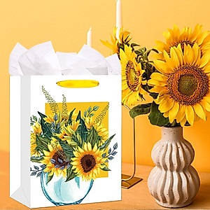 FaCraft Sunflower Gift Bag 13" Watercolor Flower and Vase Gift Bag Large Gift Bag with Tissue Paper for Birthdays, Mothers Day,Anniversary,Baby Shower,Bridal Shower Sunflower Party Supplies
