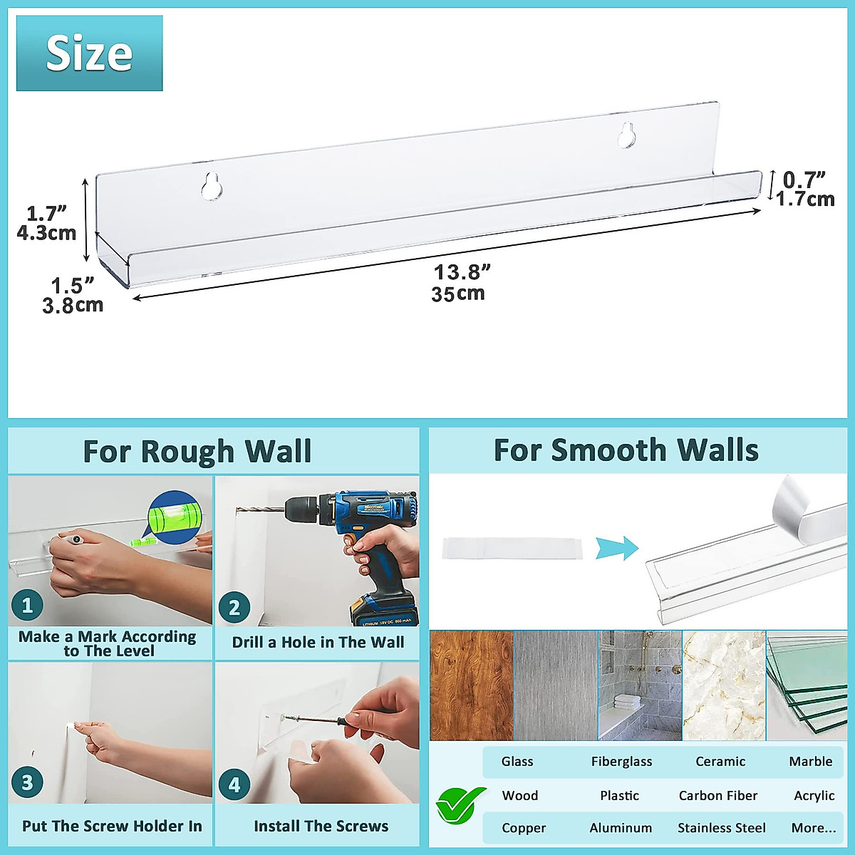 Albumgit 13.7 Inch Acrylic Floating Bookshelf, 6 Pack Clear Invisible Wall Bookshelves Ledge Book Shelves, Kids Book Display Shelves Wall Mounted with Adhesive Stickers