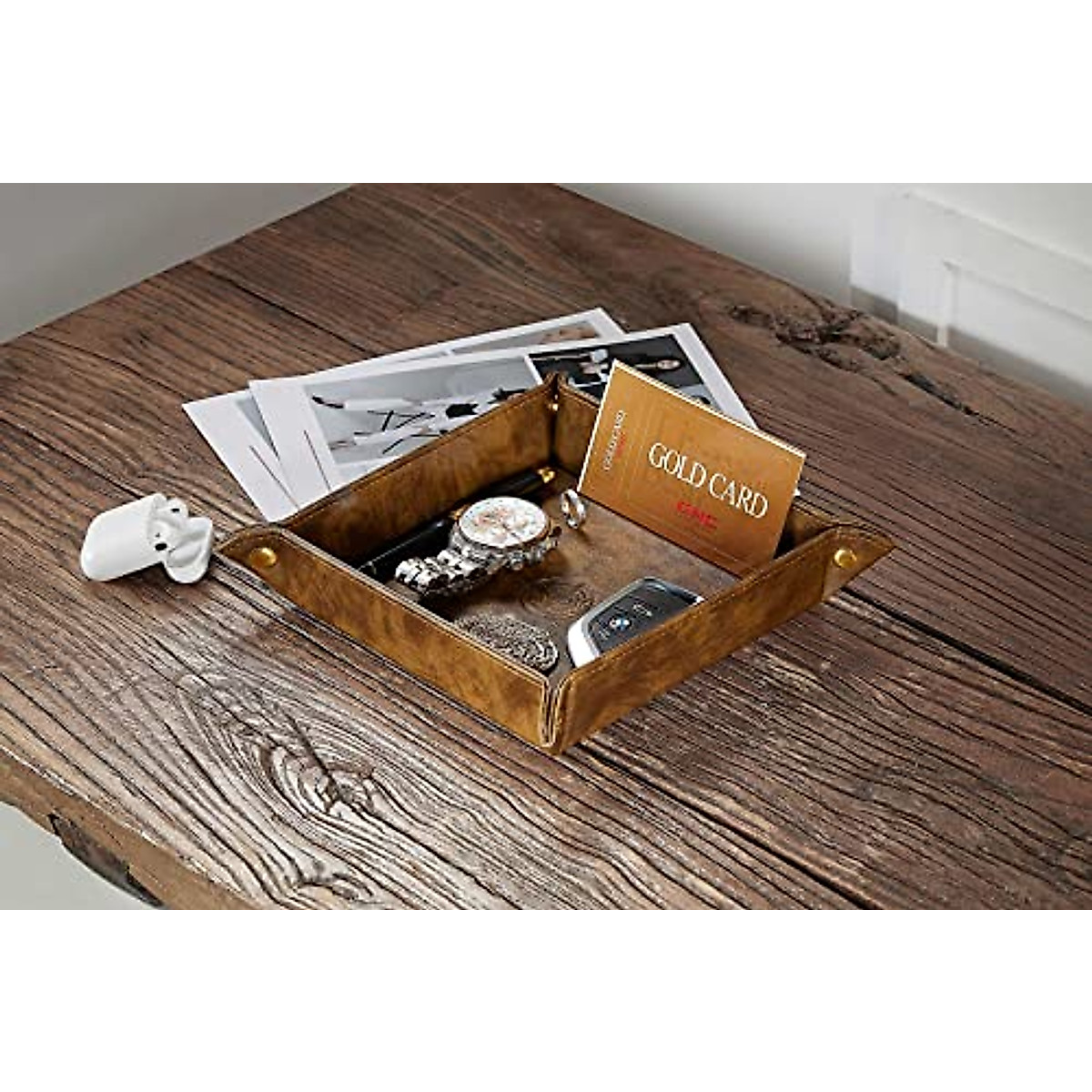 OARIE Leather Bedside Storage Tray - Jewelry Organizer for Men - Key Wallet Coin Box Travel Valet Tray (Classic Brown)