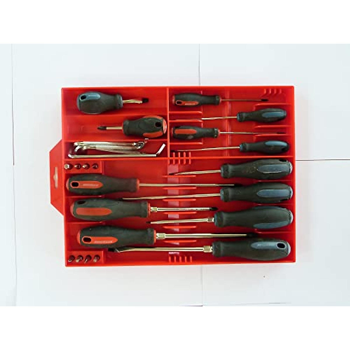 TOOL SORTER SCREWDRIVER ORGANIZER (RED) – Low Profile, Tough-Built Screwdriver Organizer for Toolbox Drawers | Holds Up To 16 Screwdrivers and 8 Bits | Unclutter your Toolbox