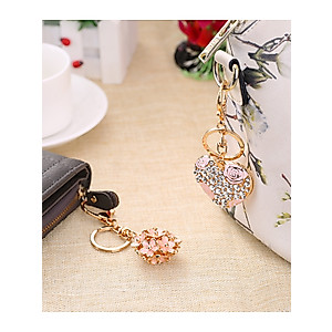 Flower Ball Keychain and Sweet Love Heart Rose Crystal Key Chain for Women Pink Flower Girly Charm Keyring, 2 Pieces, Medium