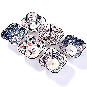BOSILI Sauce Bowl Set of 6-4 OZ Sauce Plate, 6 Different Pattern Dipping Bowls/Dish, Mini Small Bowls for Soy Sauce, Ketchup, Condiments, Salad Dressing, Spices