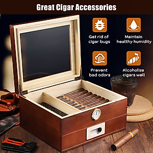 Glass Top Cedar Humidor with Front Hygrometer, Humidifier, Divider, and Accessory Drawer, Desktop Cedar Wood Cigar Box Holds 20-30 Cigars, Cigar Accessories for Men