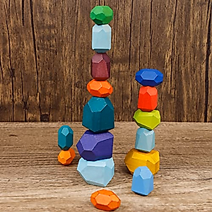 Cllayees 16 Pcs Wooden Stacking Blocks Rocks Building Toys, Colored Solid Wood Stones Pre-School Educational Games Creative Toys for Kids Toddlers