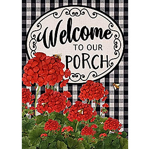 Covido Home Decorative Welcome to Our Porch Geranium Spring Summer Garden Flag, Red Flower Black White Buffalo Plaid Check House Yard Outside Decoration Fall Autumn Farmhouse Outdoor Small Decor 12x18