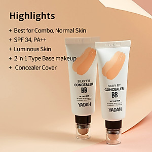 YADAH Silky Fit Concealer BB Power Brightening 1.18 Ounce 21 Light Beige, 2 in 1 Base Makeup Natural Ingredients Foundation Cream