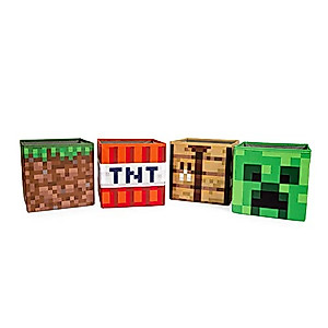 Minecraft 10-Inch Storage Set of 4 Bins | Includes Creeper, TNT, Grass, Crafting Table | Fabric Basket Container, Cubby Closet Organizer, Home Decor for Playroom | Video Game Gifts And Collectibles