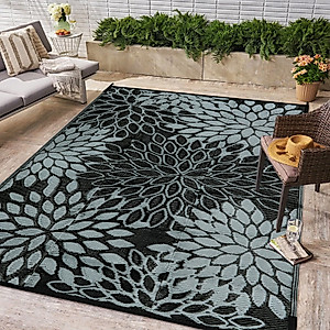 Wonnitar Plastic Outdoor Rugs 5x8,Reversible Outdoor Patio Rug Waterproof RV Camping Rug,Large Portable Outside Tropical Leaf Mat Deck Floor Carpet for Backyard Garden Balcony Picnic,Black/Grey
