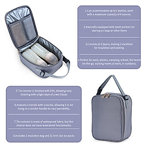 AURAUS Breast Milk Cooler Bag with Ice Packs Fits 2 Baby Bottles Up to 9 Ounce Suitable for Nursing Mom Daycare (Grey)