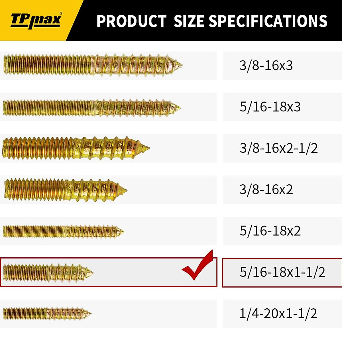 10 Pack 5/16-18 x 1-1/2 Inch Hanger Bolts Double Headed Bolts Self-Tapping Screw Hanger Bolts for Furniture (5/16-18" x 1-1/2")